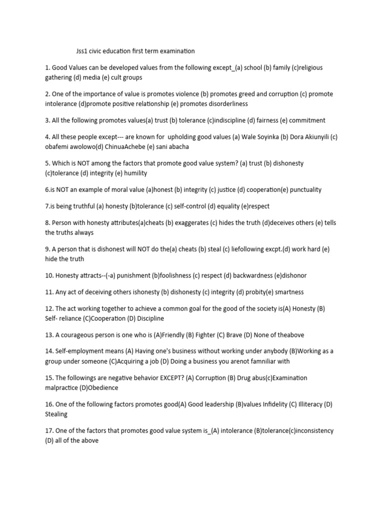 Jss1 Civic Education First Term Examination | PDF | Integrity | Dishonesty