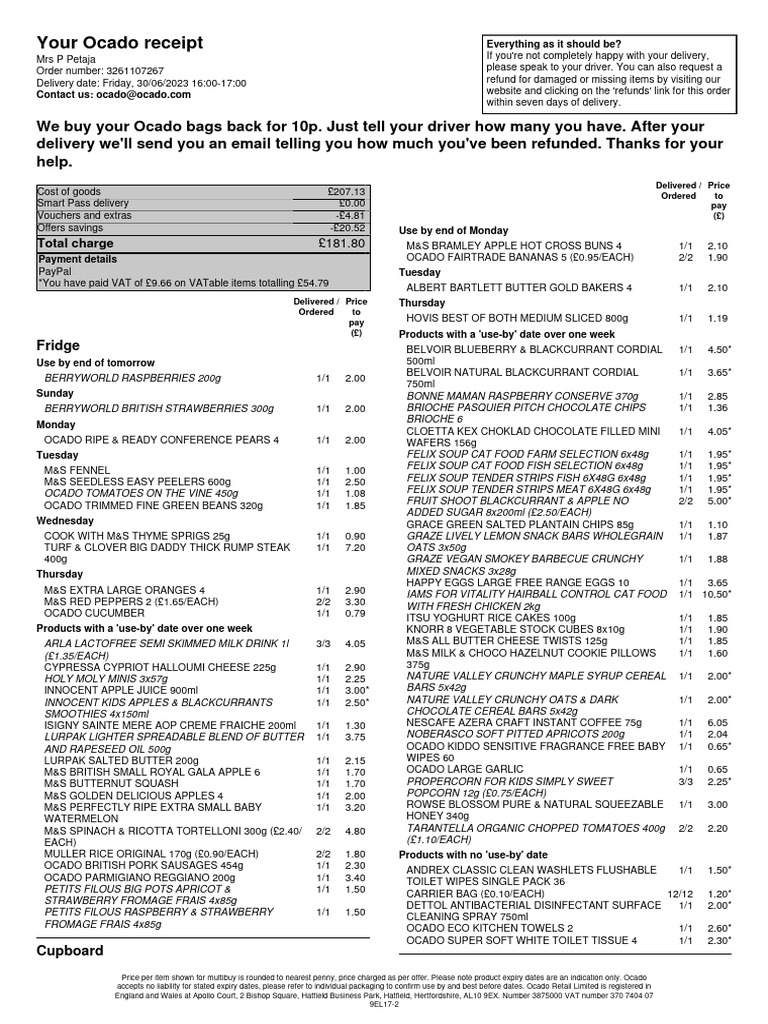 Ocado Order Summary and Savings Report | PDF
