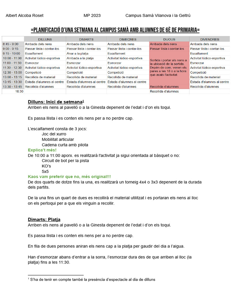 Planificació D'una Setmana - 6è | PDF