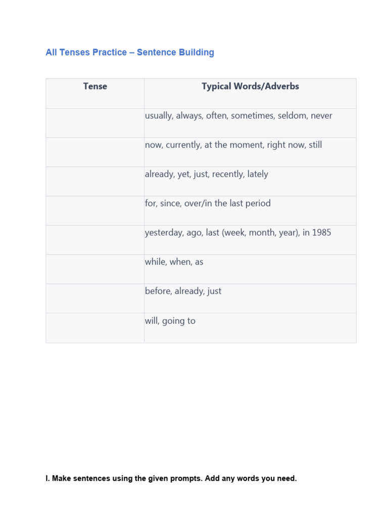 All Tenses Practice - Sentence Building | PDF