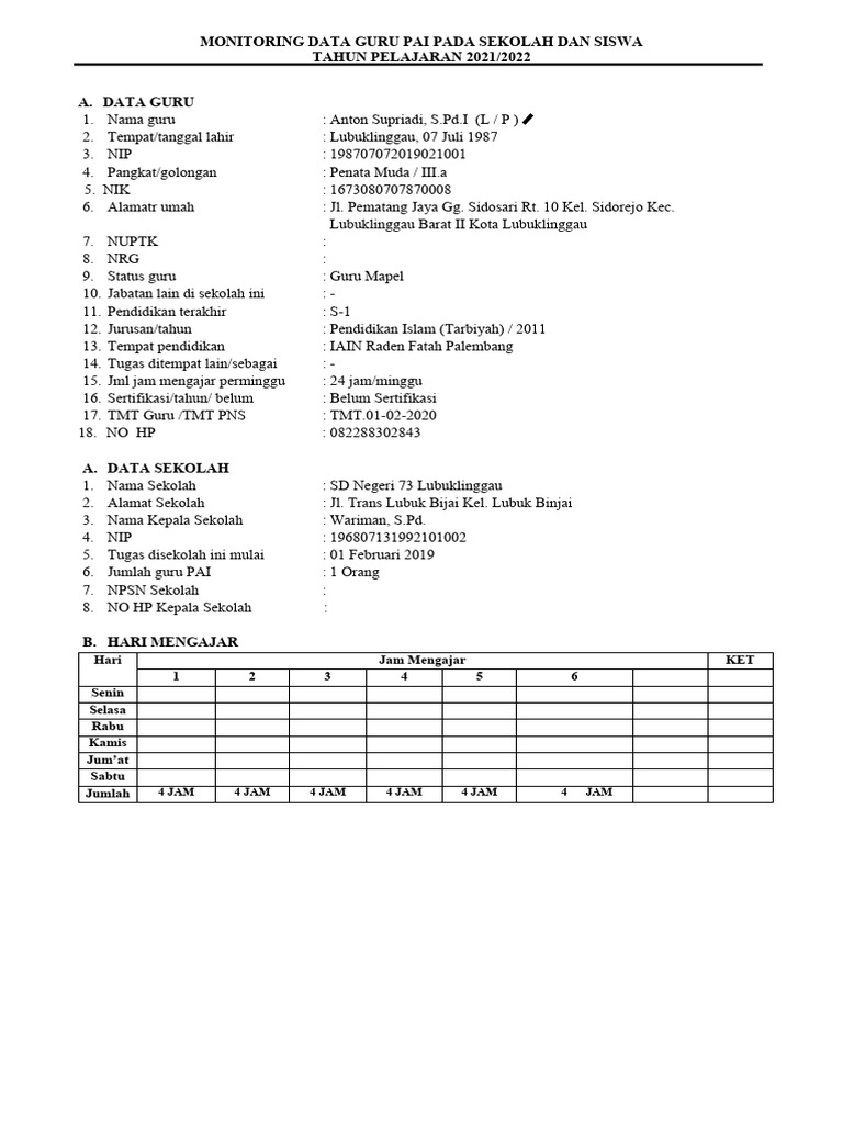 Data Guru PAI dan Siswa SD 73 Lubuklinggau | PDF