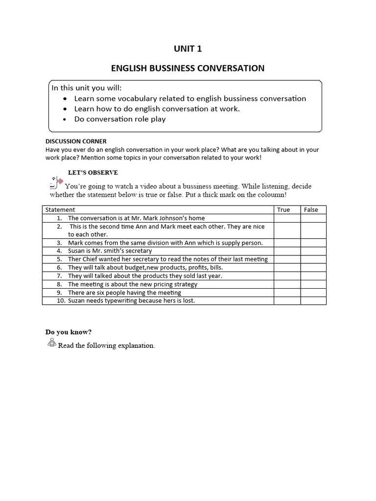 Unit 1 English Bussiness Conversation - 054722 | PDF | Human ...