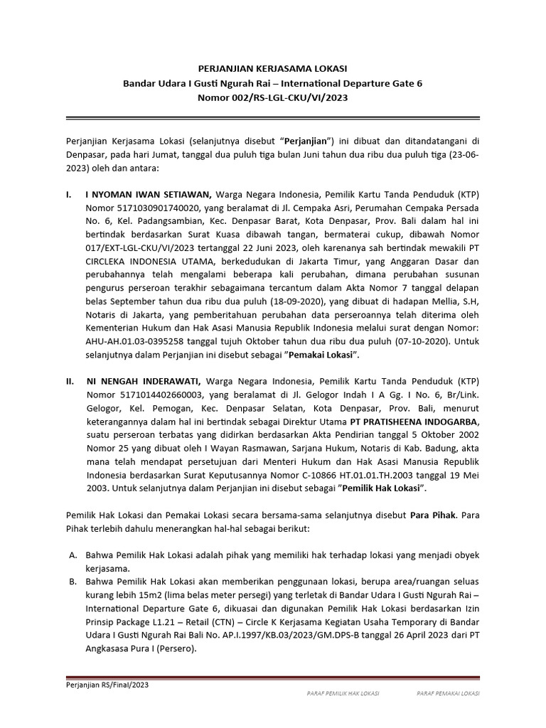 Perjanjian RS I Gusti Ngurah Rai Keberangkatan Internasional Gate 6 2023-2024 | PDF
