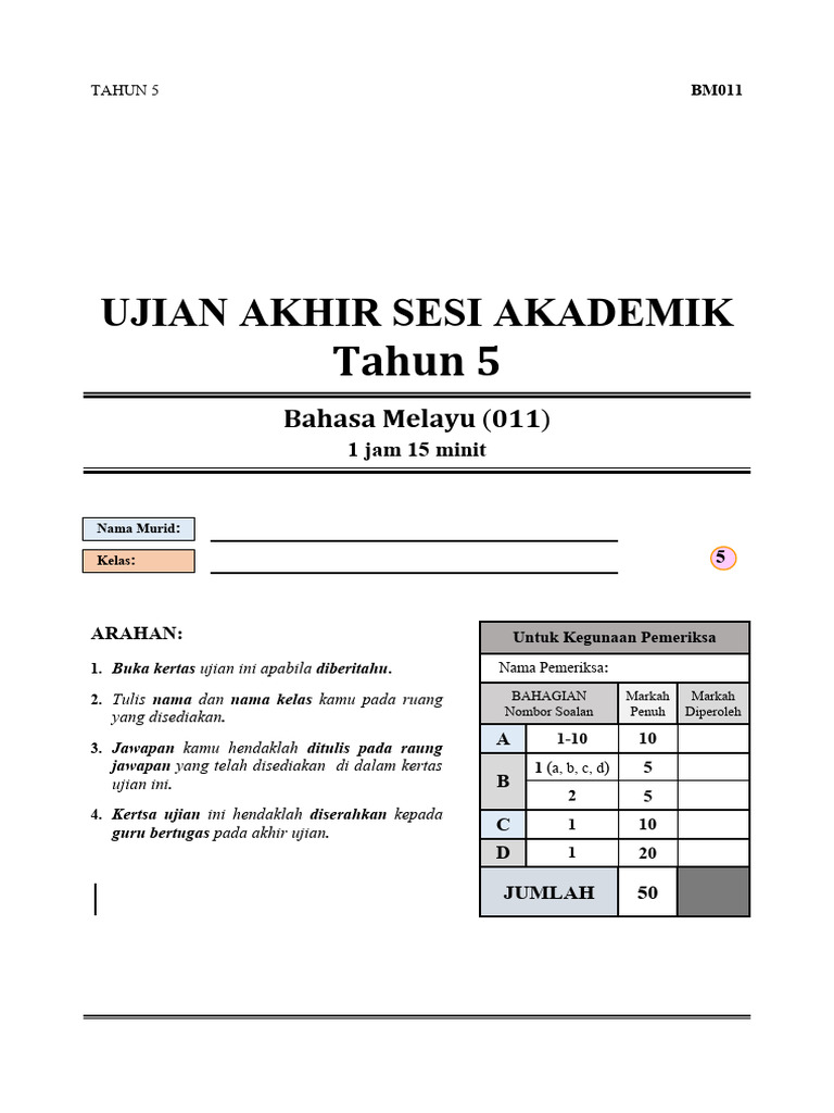 Set UASA Tahun-5 2023-24 Murid 1 | PDF