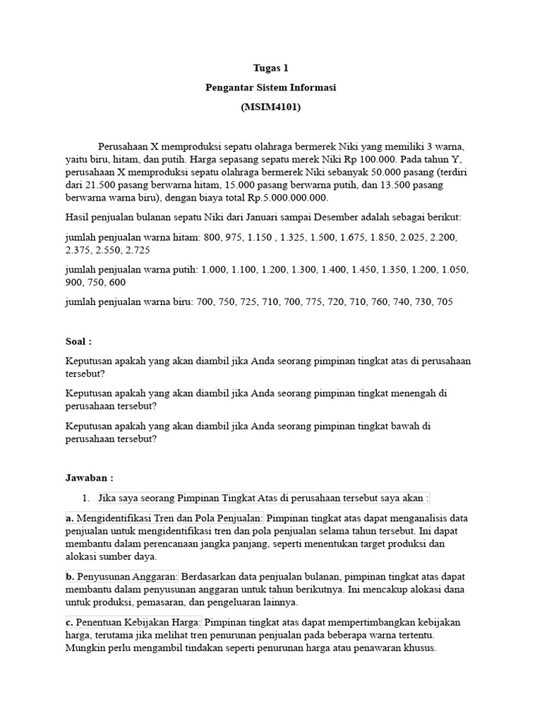 Tugas Ke-1 Pengantar Sistem Informasi (MSIM4101) - Erlangga (051355404) | PDF