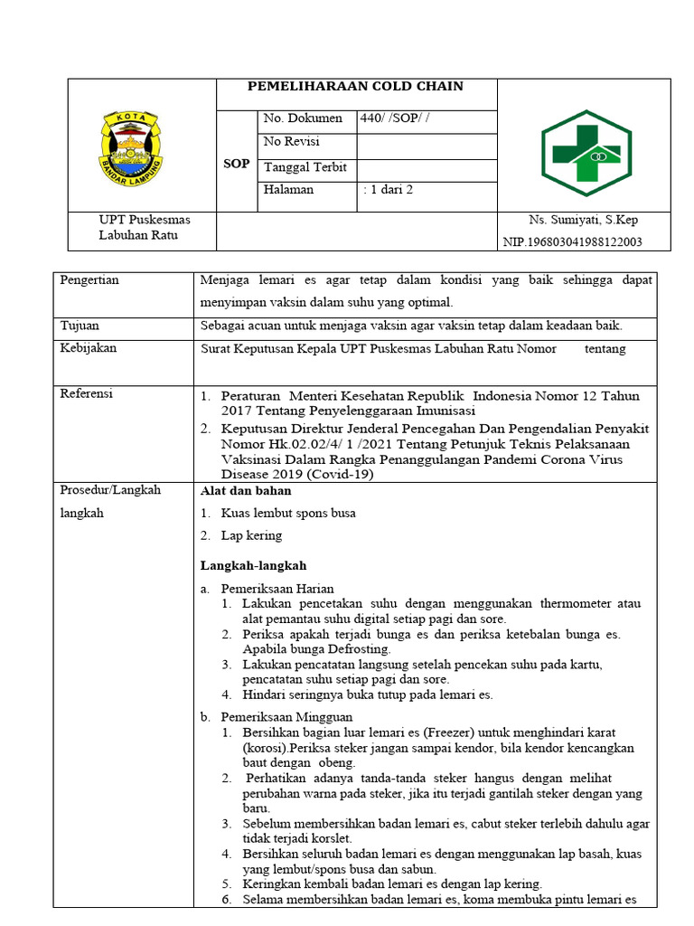 SOP Pemeliharaan Cold Chain | PDF