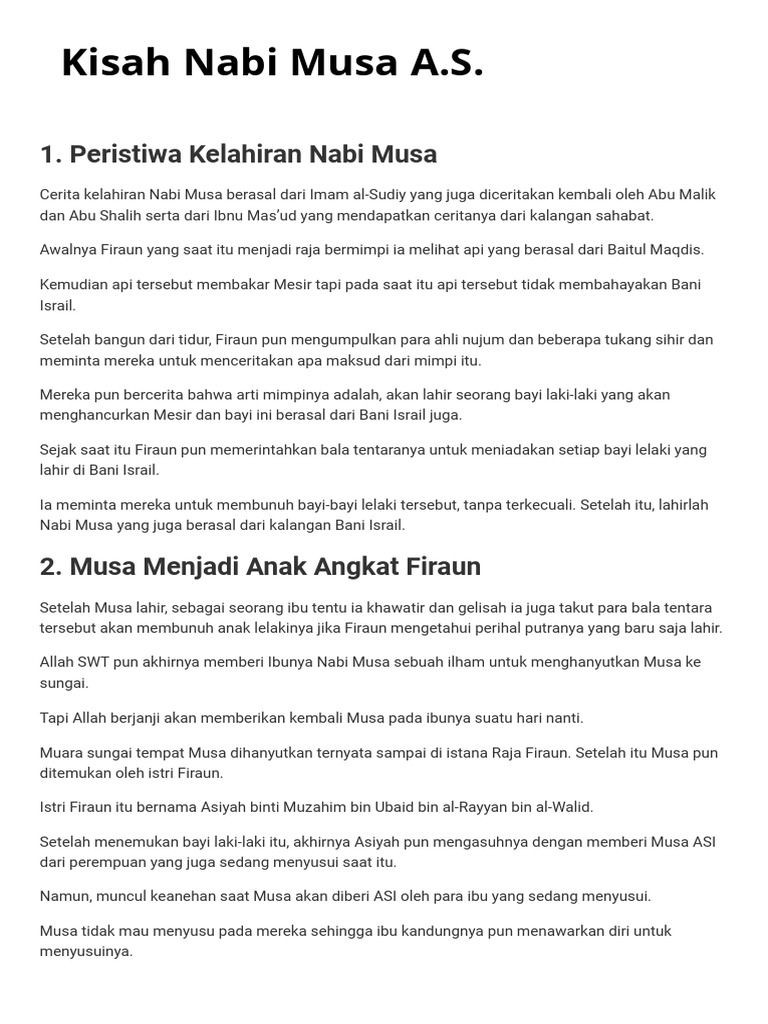 Kisah Nabi Musa: Dari Kelahiran hingga Laut Merah | PDF