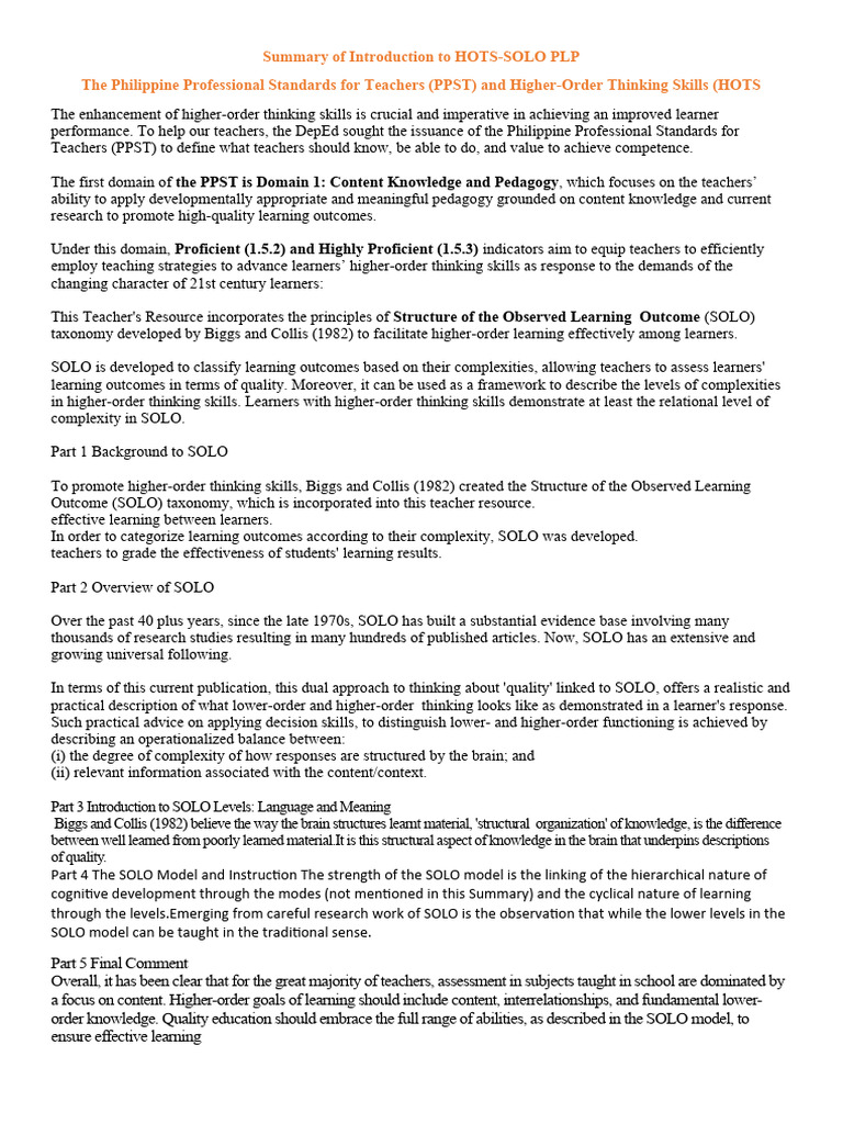 Summary-of-Introduction-to-HOTS-SOLO-PLP, Summarized by Elinita C. Manalo | PDF | Learning ...