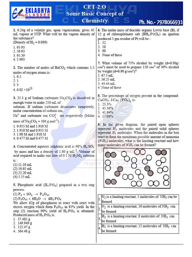 CET-2.O (Some Basic Concept of Chemistry) | PDF | Mole (Unit) | Ammonia