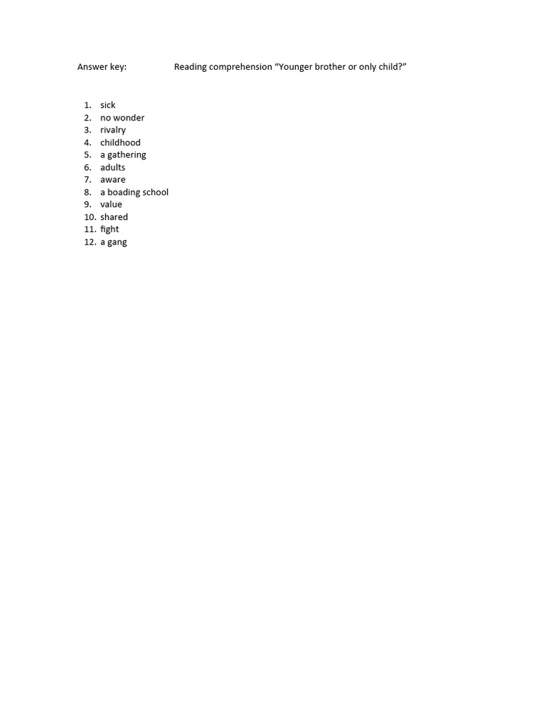 Answer Key Reading Comprehension - Younger Brother or Only Child | PDF ...