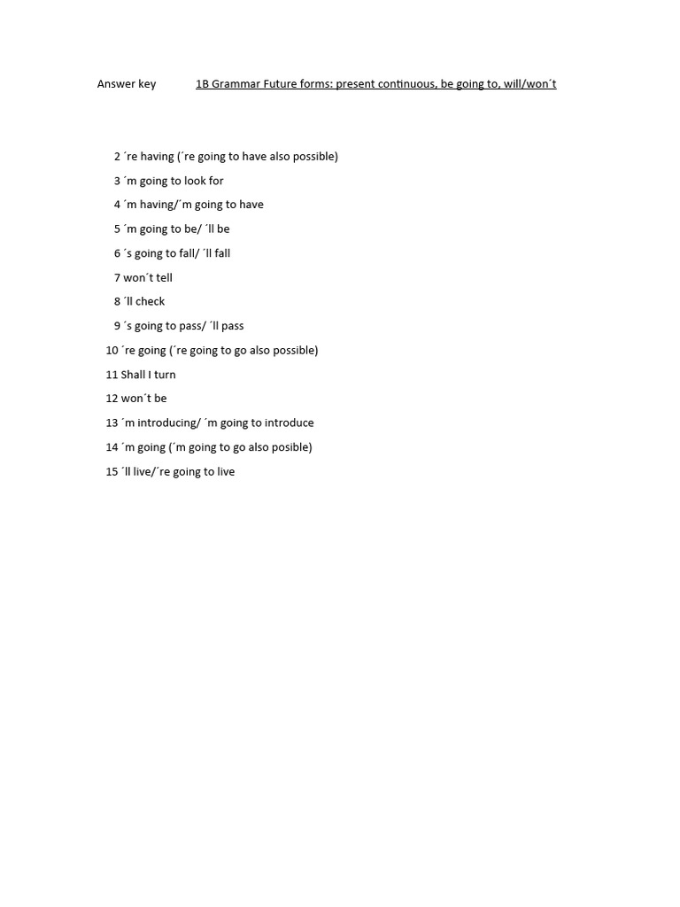 Answer Key 1B Grammar Future Forms | PDF | Self-Improvement