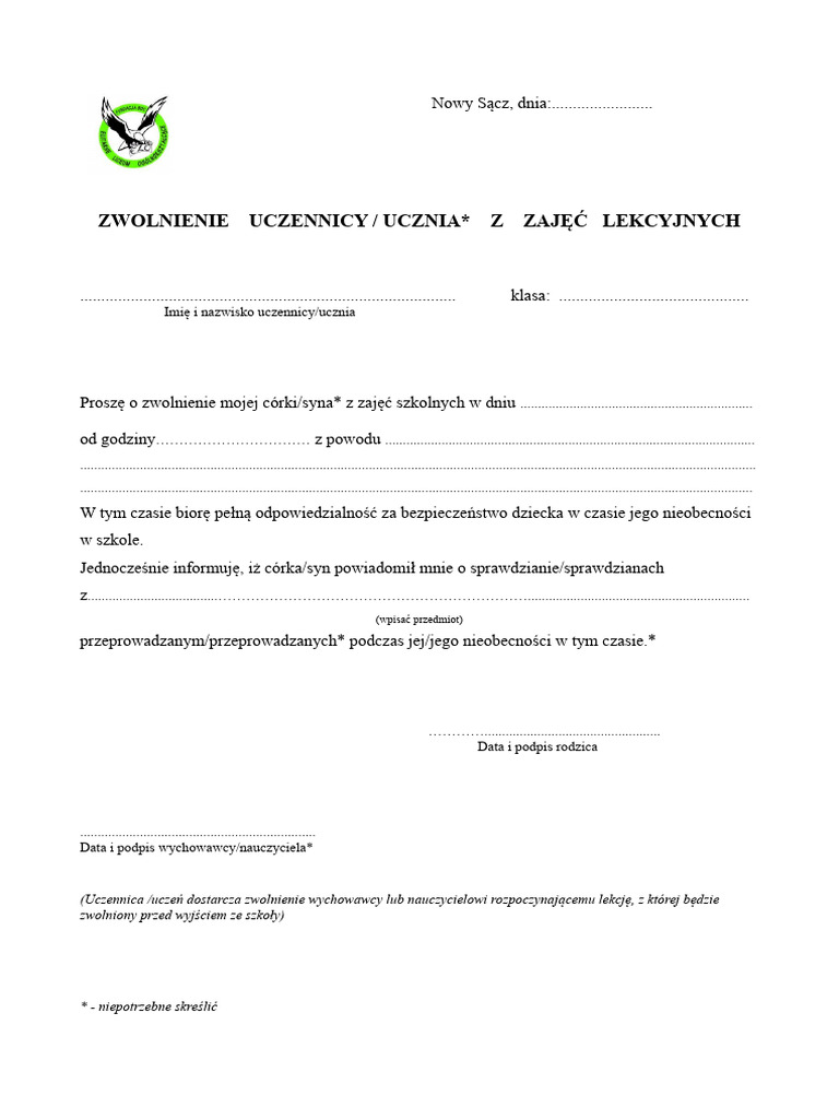 Zwolnienie Z Lekcji | PDF Zwolnienie Z Lekcji | PDF