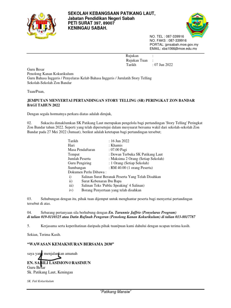 Surat Jemputan Sekolah Story Telling 2022 | PDF