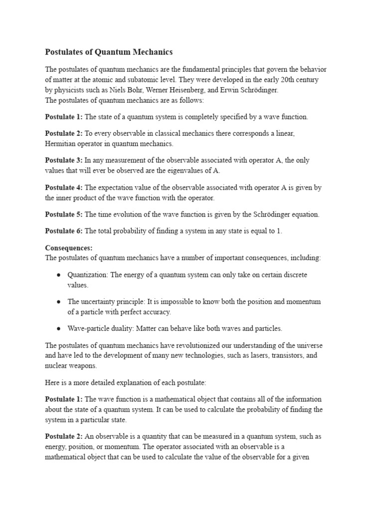 Six Fundamental Postulates of Quantum Mechanics | PDF | Quantum ...