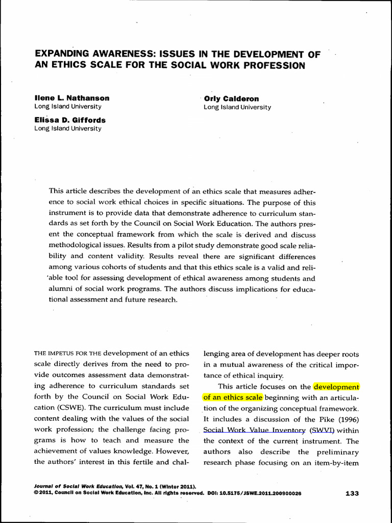 Developing an Ethics Scale for Social Work | PDF