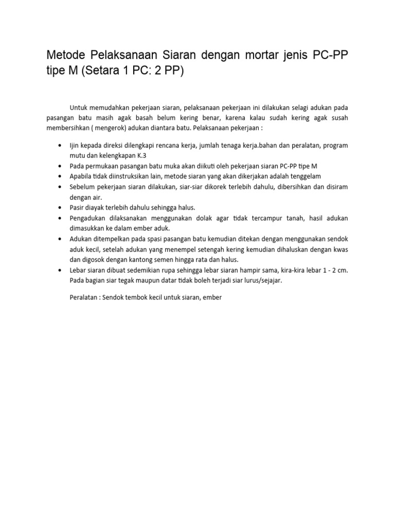 Metode Pelaksanaan Siaran Dengan Mortar Jenis PC | PDF
