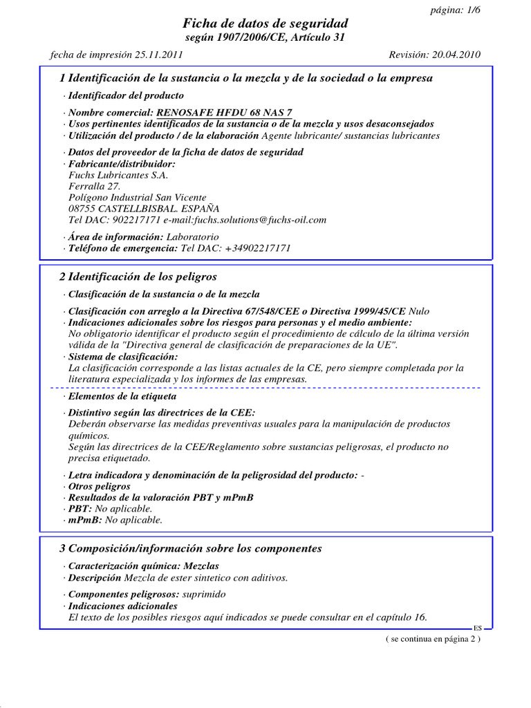Ficha de seguridad RENOSAFE HFDU 68 | PDF | Agua | Residuos