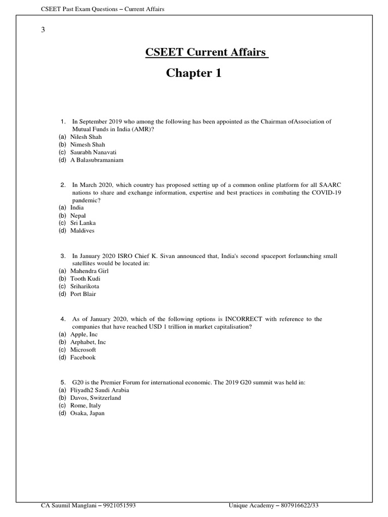 CSEET Current Affairs Past Exam Questions Till Jan 23 | PDF | Computers