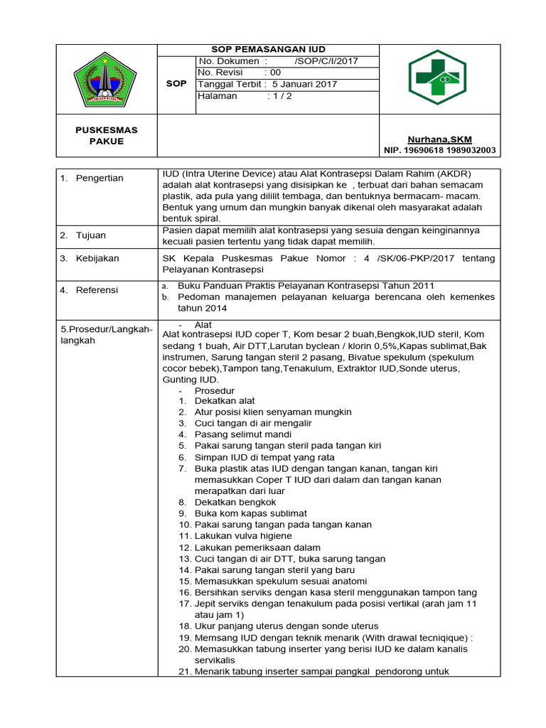 SOP Pemasangan IUD di Puskesmas | PDF