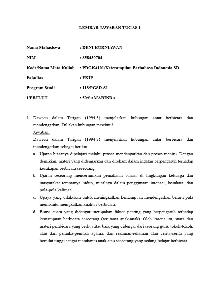 Lembar Jawaban Tugas 1 Keterampilan Berbahasa Indonesia SD | PDF