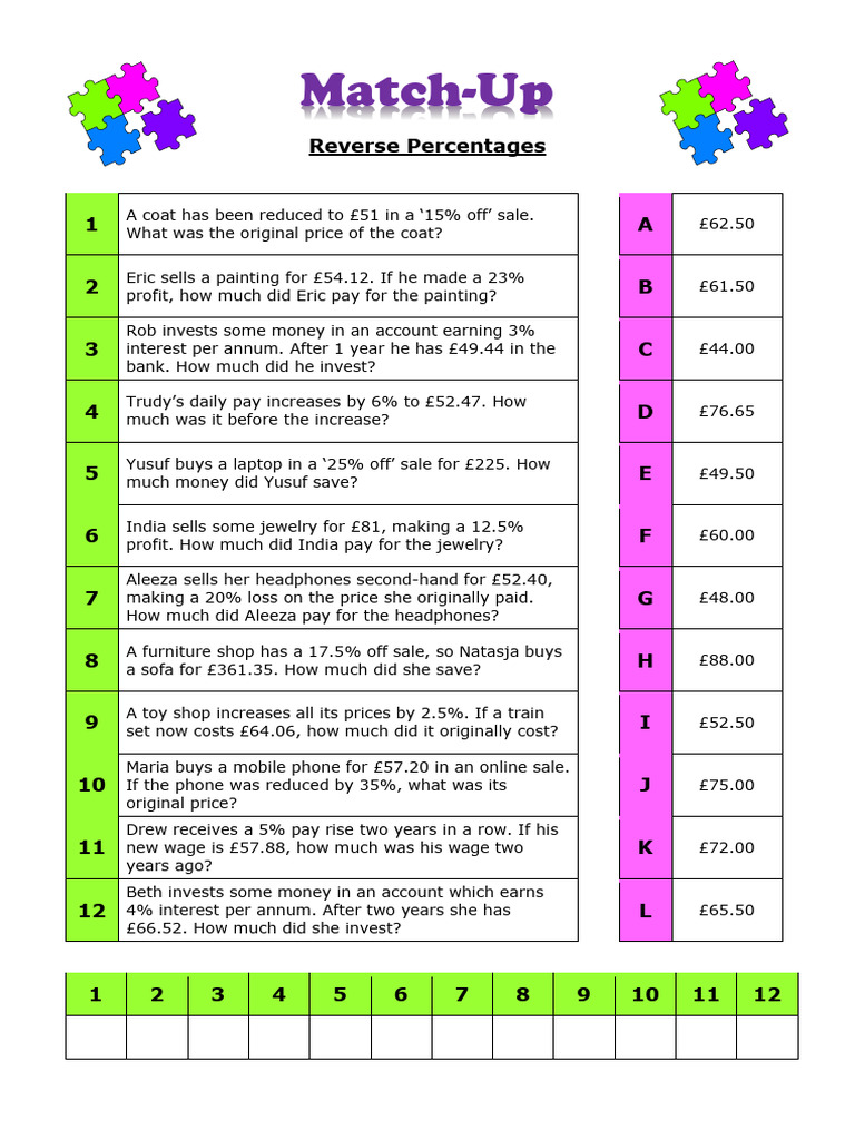 Reverse Percentages Match Up Pdf