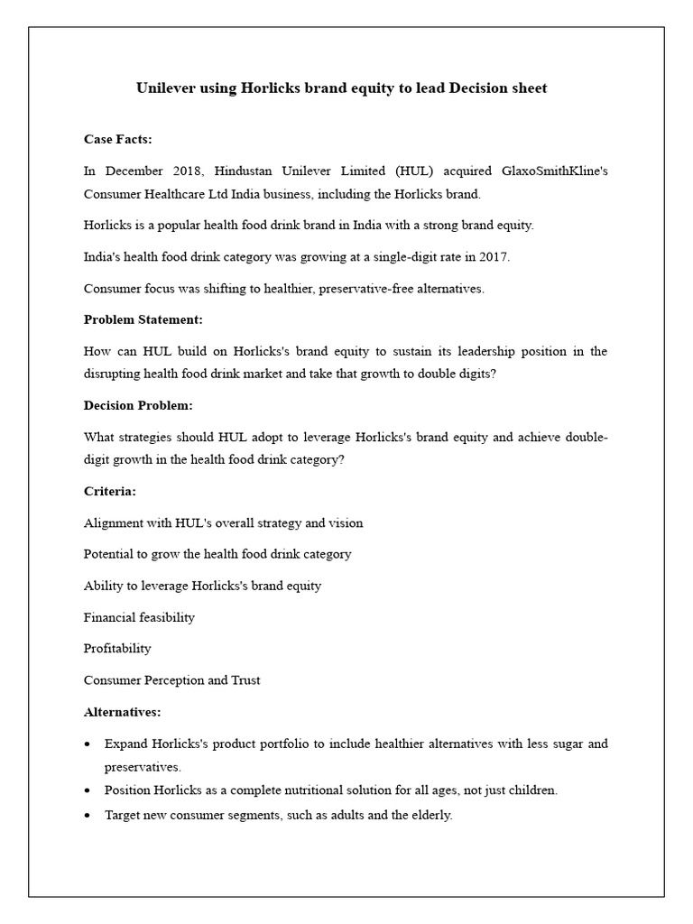 Unilever Using Horlicks Brand Equity To Lead Decision Sheet | PDF
