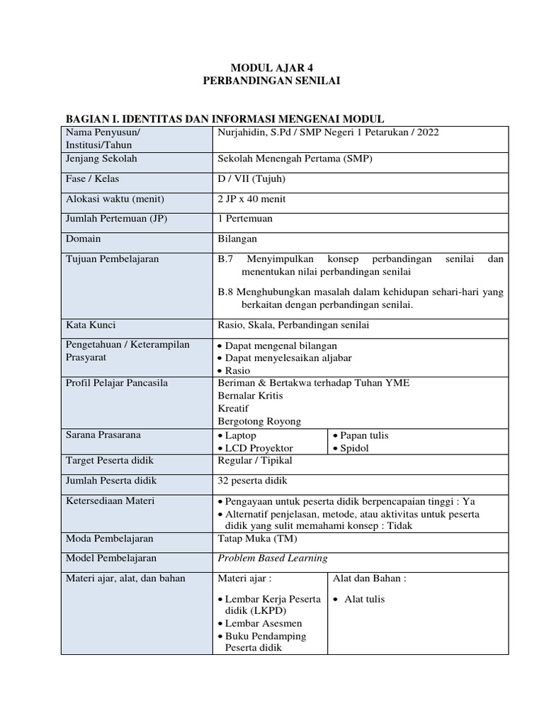 Modul Ajar 4 Perbandingan Senilai: Problem Based Learning | PDF | Karier & Perkembangan