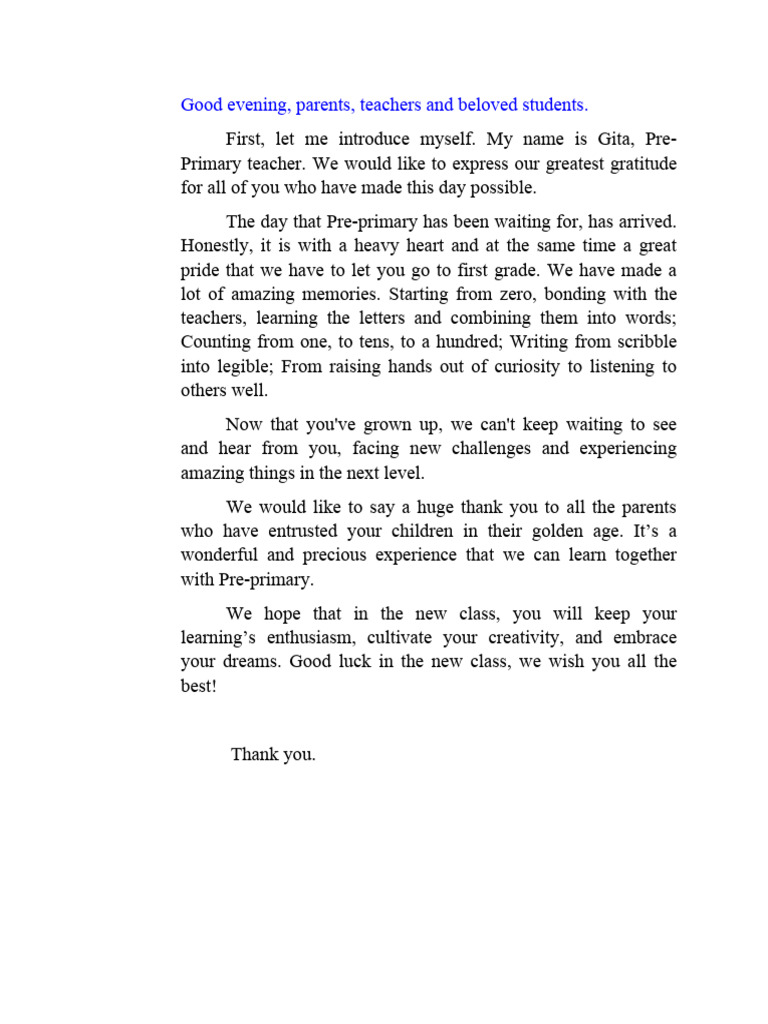Pre-Primary Graduation Speech | PDF | Self-Improvement