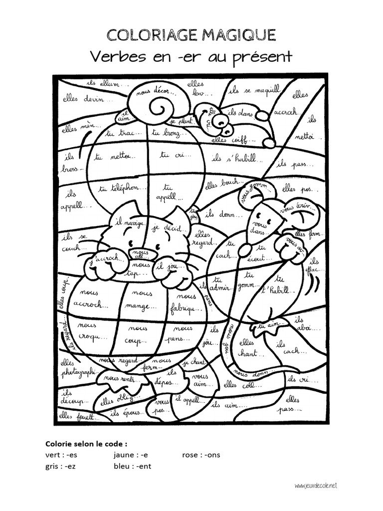 Coloriage Magique Chat Et Souris Verbes 1er Groupe Present Conjugaison ...