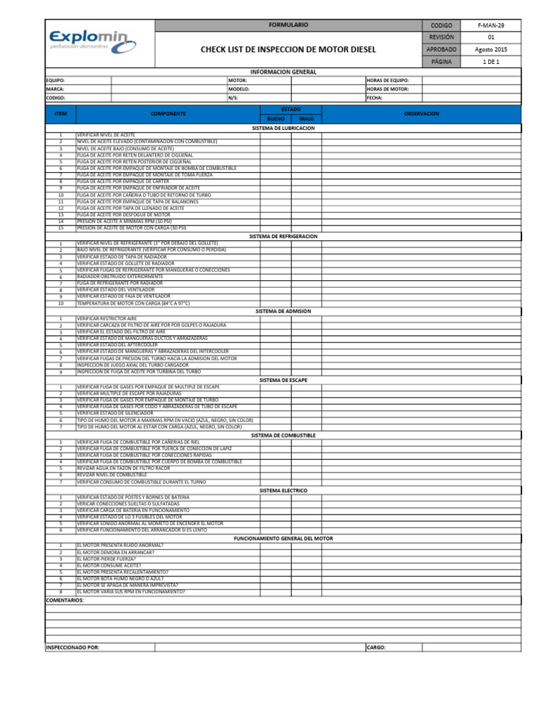 Check List de Inspeccion de Motor Diesel Cummins - Alex Turpo | PDF