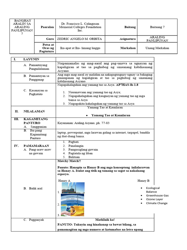 Banghay Aralin Sa Araling Panlipunan 7 | PDF