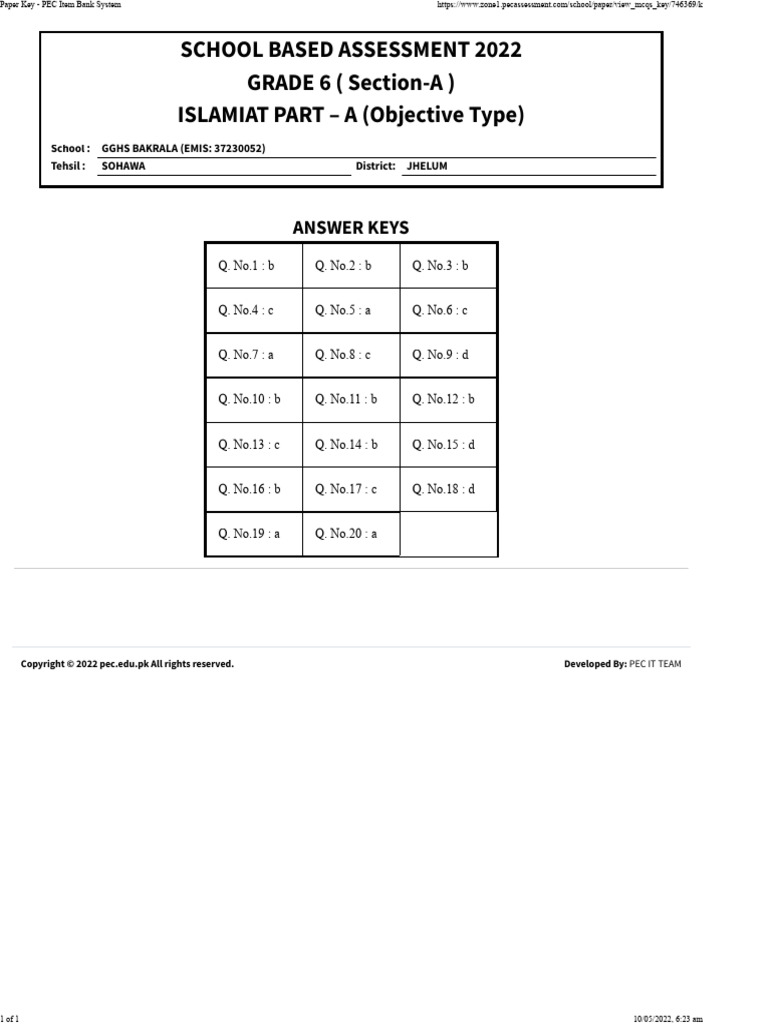 Paper Key - PEC Item Bank SystemCEA1 | PDF