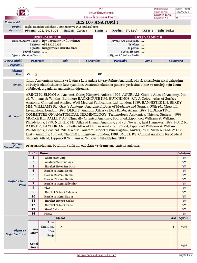 Bes 107 Anatomi̇ I | PDF