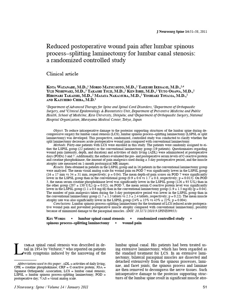 1 2011 Reduced Postoperative Wound Pain After Lumbar Spinous Process ...