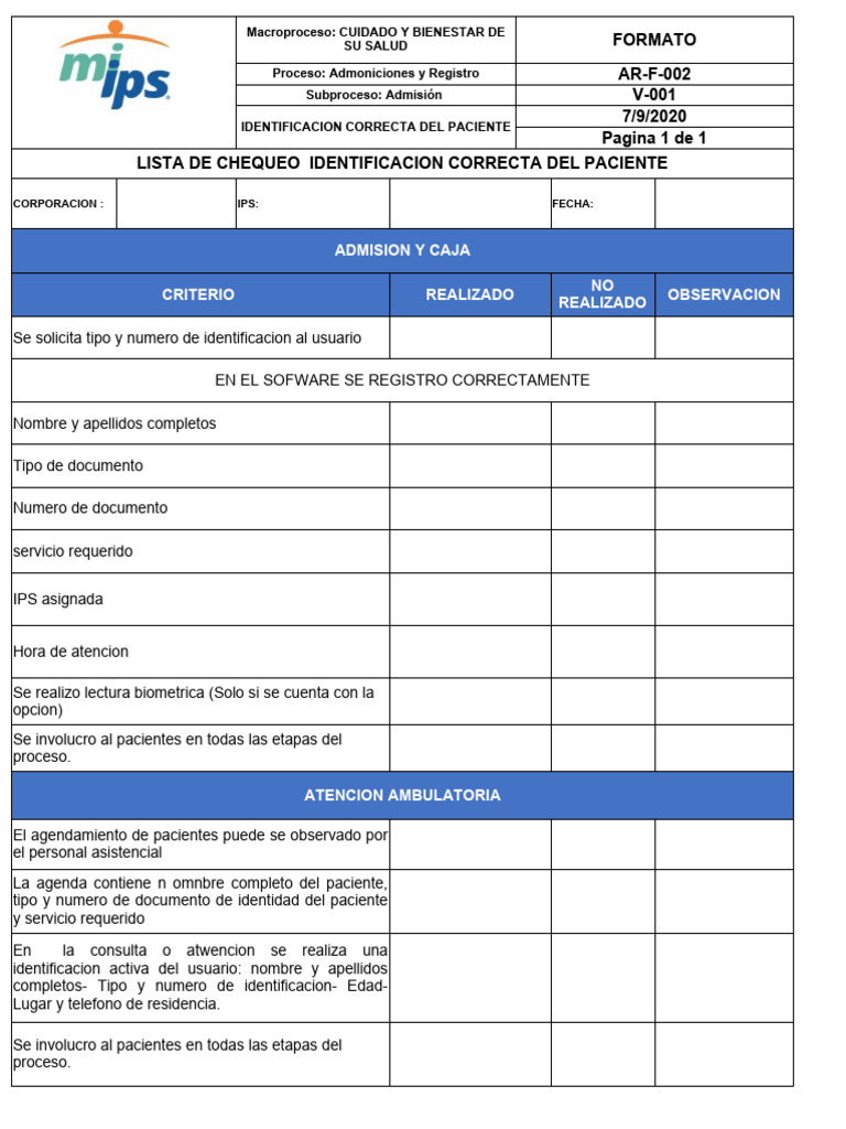 Ar-F-002 V-001 Lista de Chequeo Identificacion Correcta Del Paciente | PDF
