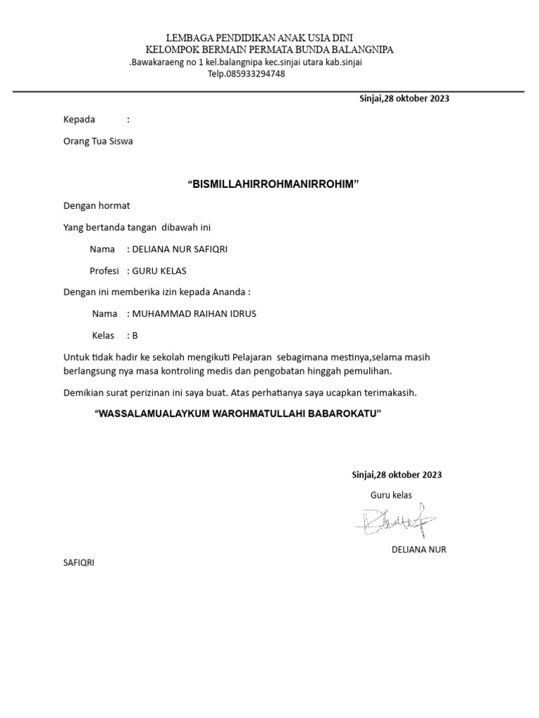 Surat Perizinan Sakit Mraihan Idrus Kb Permata Bunda Pdf