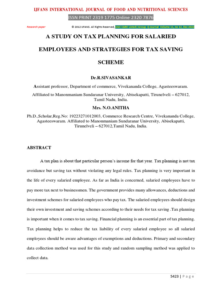 A Study On Tax Planning For Salaried Employees and Strategies For Tax Saving Scheme | PDF ...