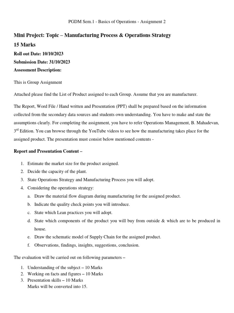 PGDM Sem1-BOM - Assignment 2 - Mini Project | PDF | Supply Chain | Lean Manufacturing