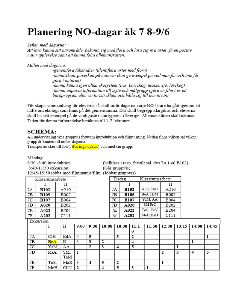Planering NO-dagar Åk 7 8-9/6: Schema | PDF
