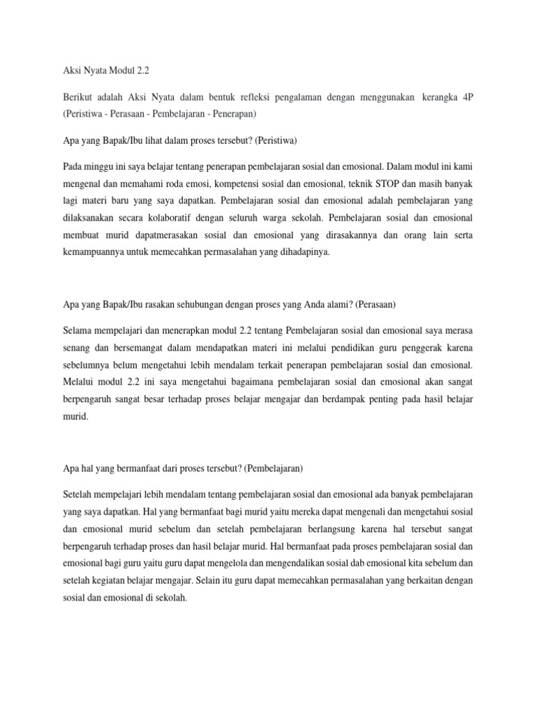 Aksi Nyata Modul 2.2 Dalam Bentuk Refleksi Kerangka 4 P | PDF