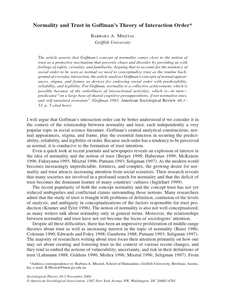 Misztal.2001.Normality and Trust in Goffmans Theory of Interaction Order | PDF | Social Stigma ...