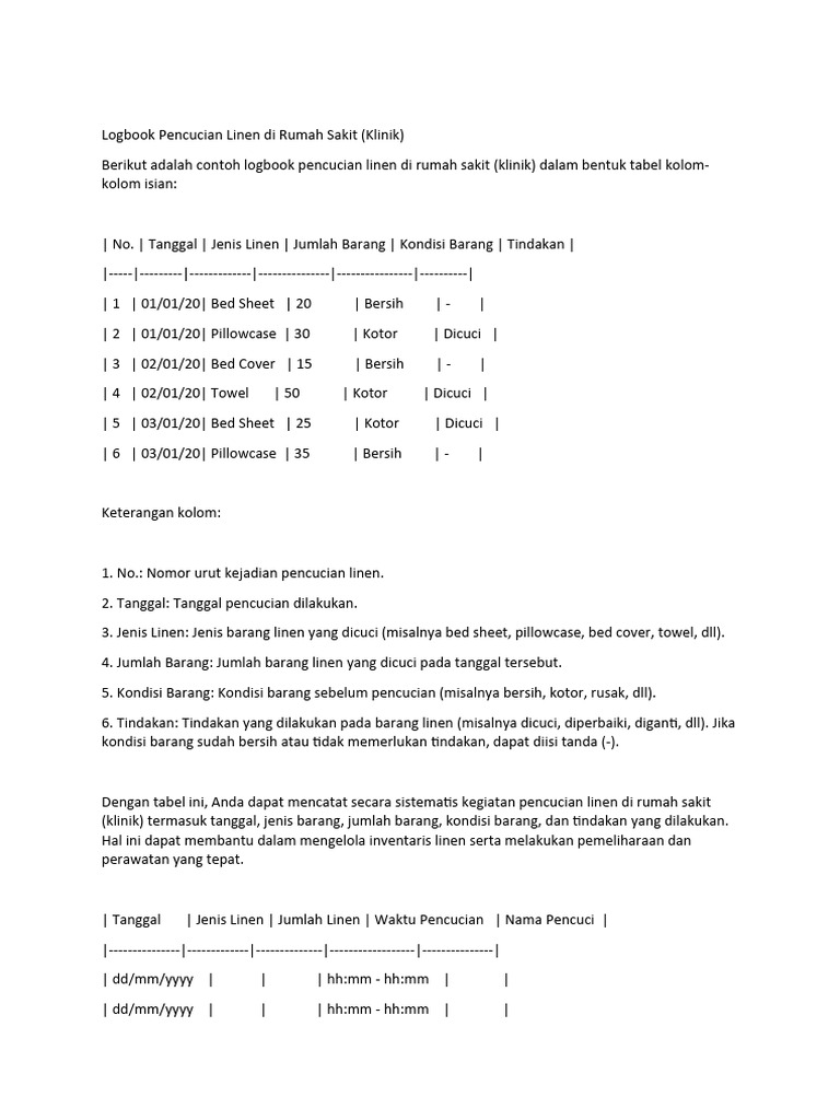 Logbook Pencucian Linen Klinik | PDF | Bisnis | Teknologi & Rekayasa