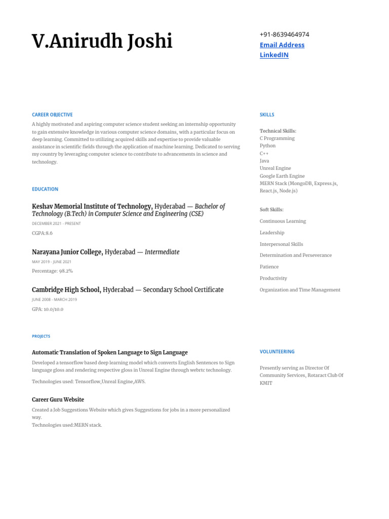 V.anirudh Joshi Resume | PDF | Science | Computer Science
