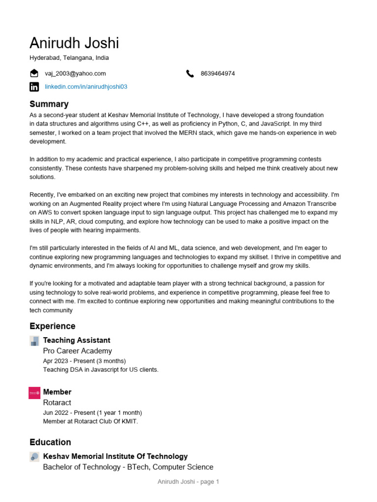 Resume Anirudh Joshi | PDF | Computer Programming | Intelligence