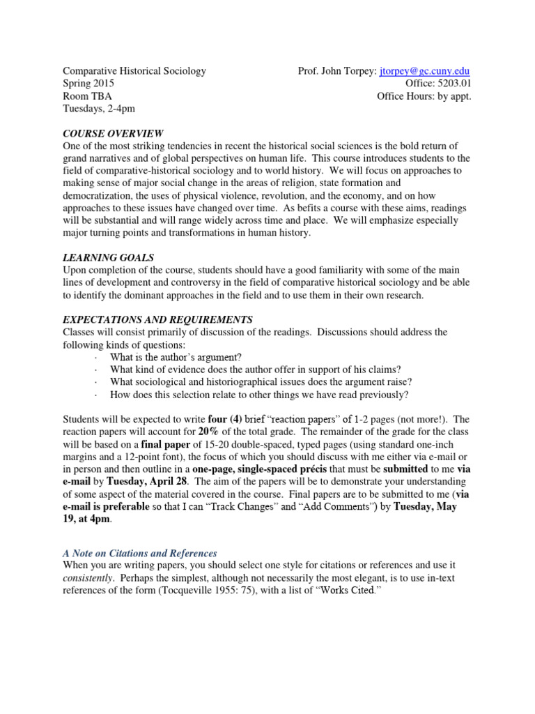 Torpey-Syllabus - Comparative Historical Sociology | PDF