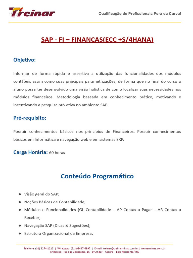 Conteúdo Programático Do Curso SAP FI - Finanças (ECC + S4HANA) | PDF