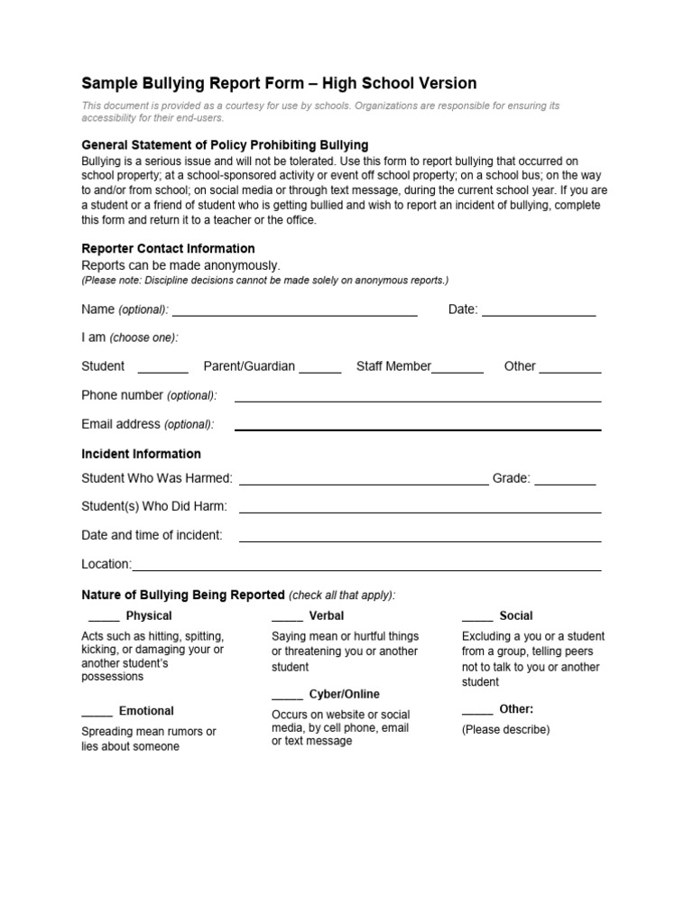 Sample Bullying Report Form High School Version | Download Free PDF ...