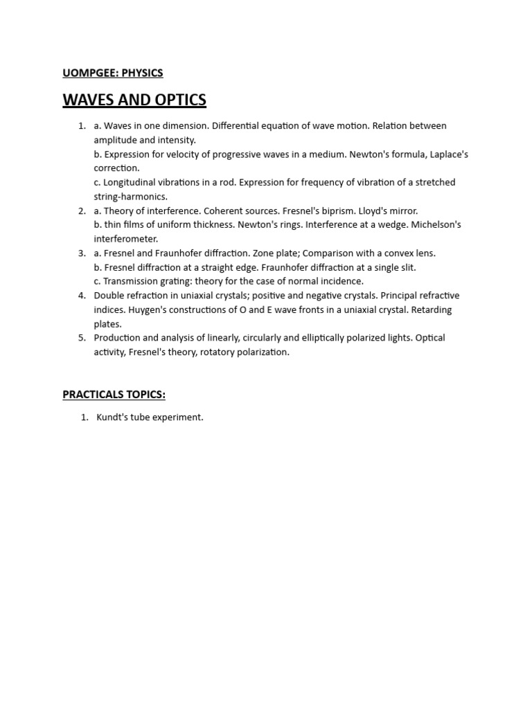 Waves and Optics Syllabus | PDF