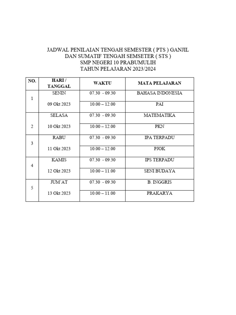 Jadwal Penilaian Tengah Semester | PDF