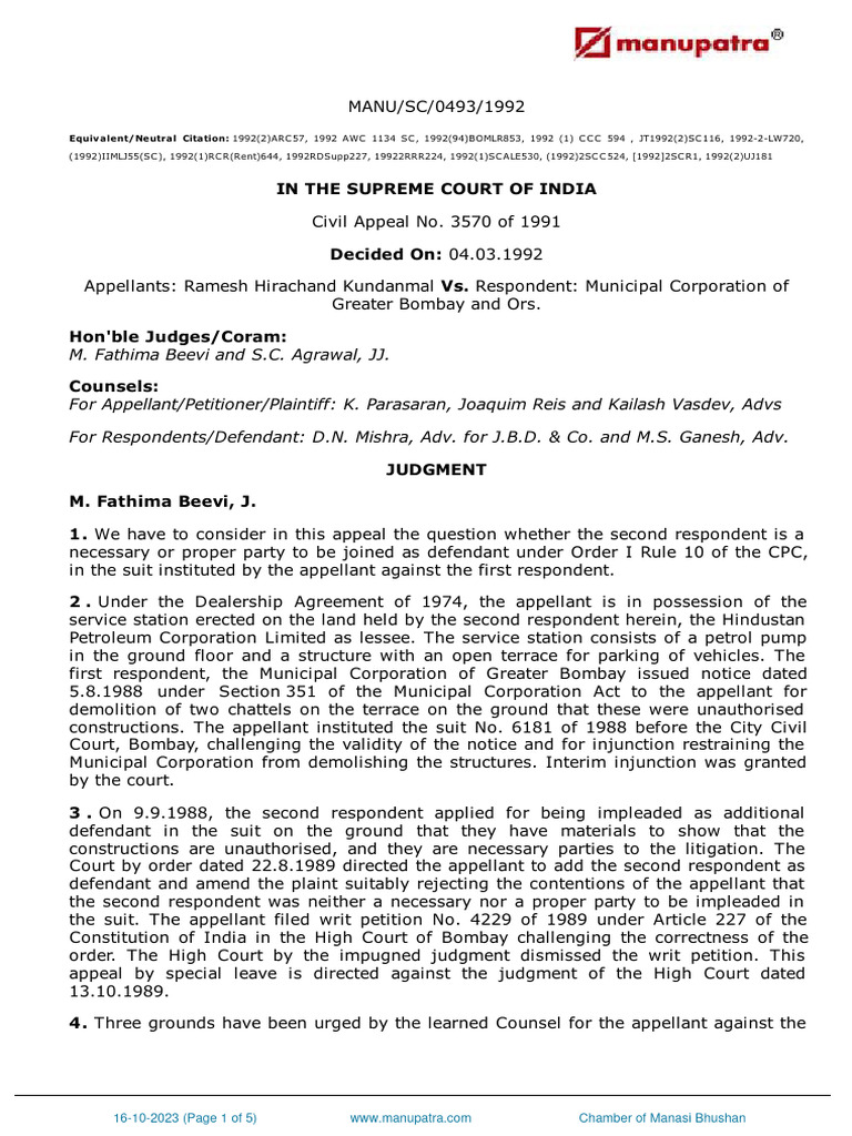 Ramesh Hirachand Kundanmal Vs Municipal Corporatios920493COM482638 | PDF